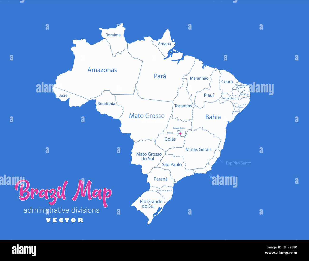Brazil map, administrative divisions whit names regions, blue ...