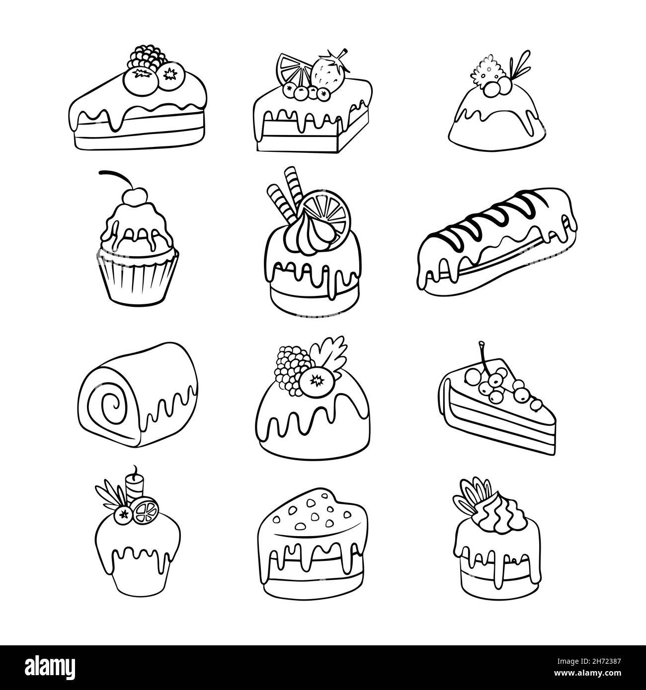 Hand drawn desserts set. Sweet doodle cakes with different decoration ...