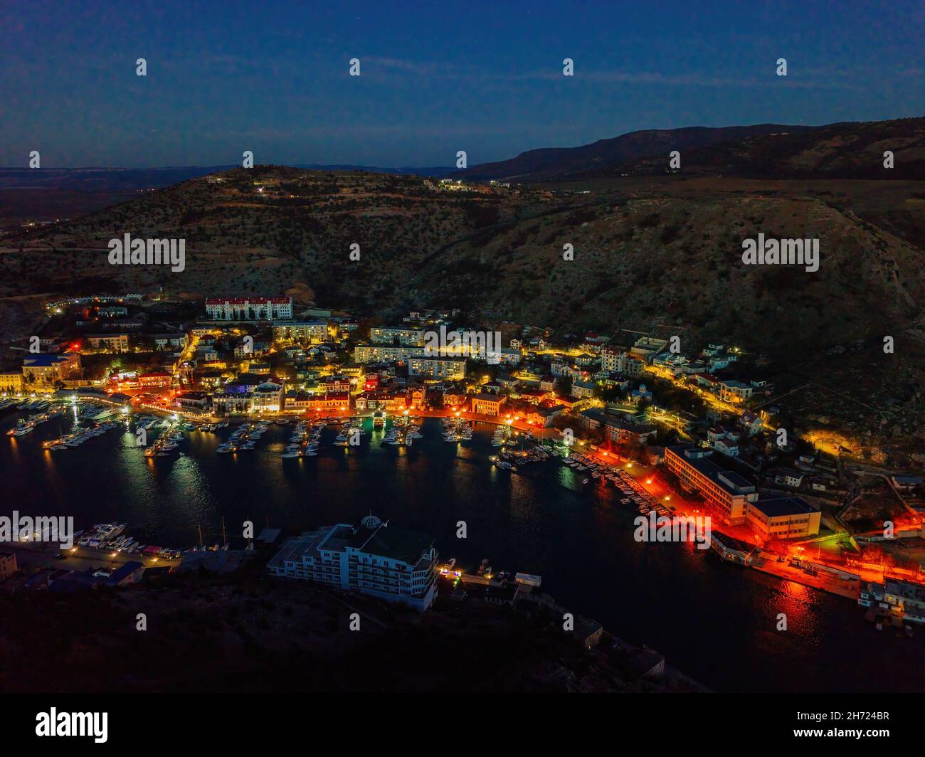 Night Balaklava skyline, aerial view of the Balaklava bay Stock Photo ...