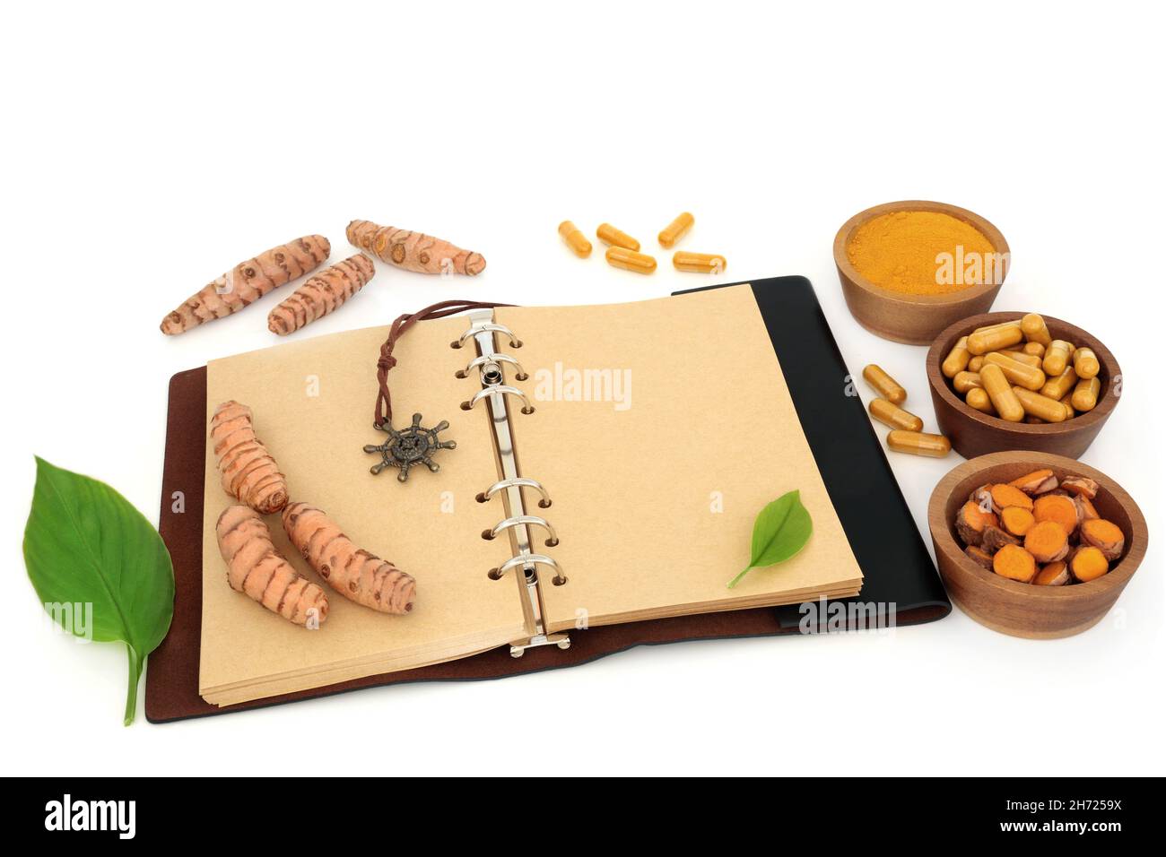 Turmeric root herb preparation with powder, dietary supplement capsules ...