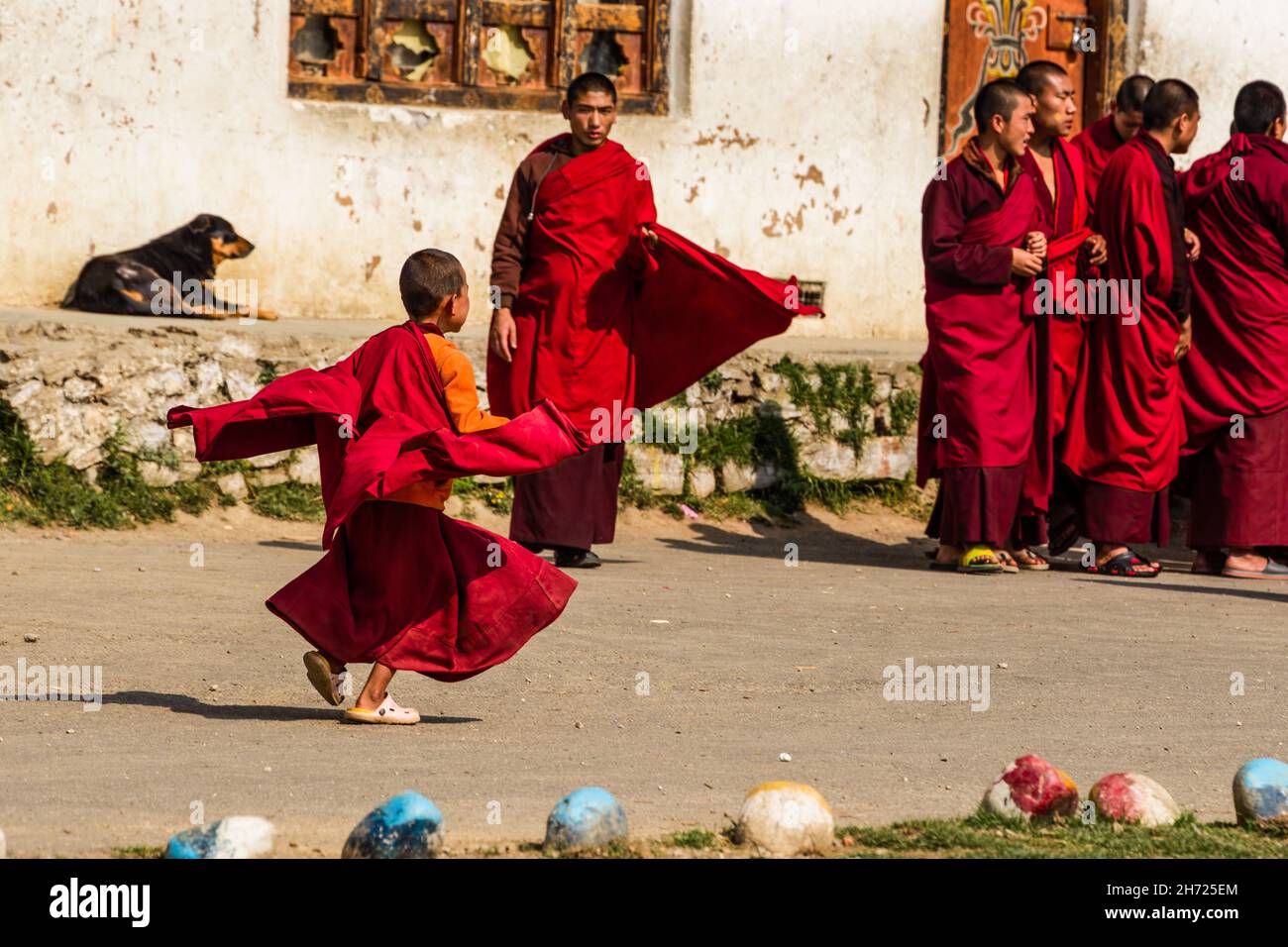 A young Buddhist novice monk runs to get in line at the Dechen Phodrang ...