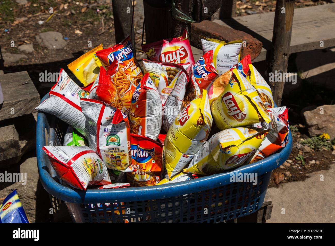 Bags of chips over-inflated due to the high altitude in a mountain ...