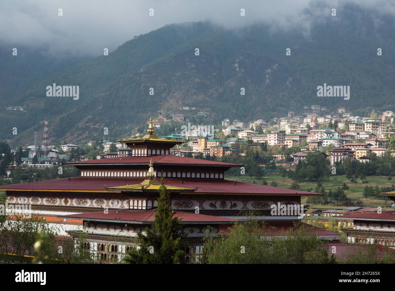 A view of the National Assembly building with the city of Thimphy in ...