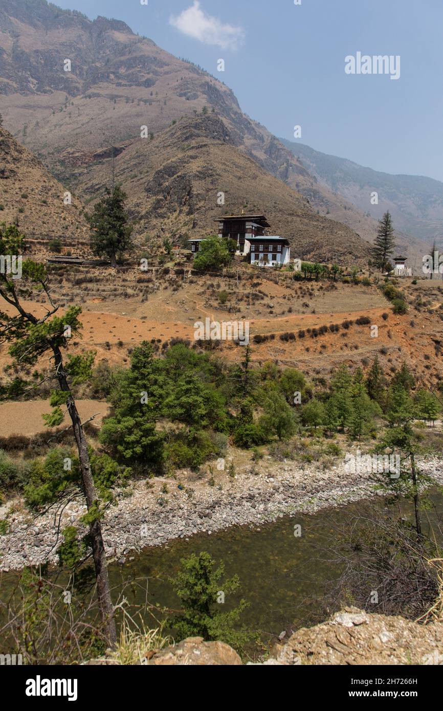 The Tamchhog Lhakhang Buddhist temple across the Paro Chhu River near ...