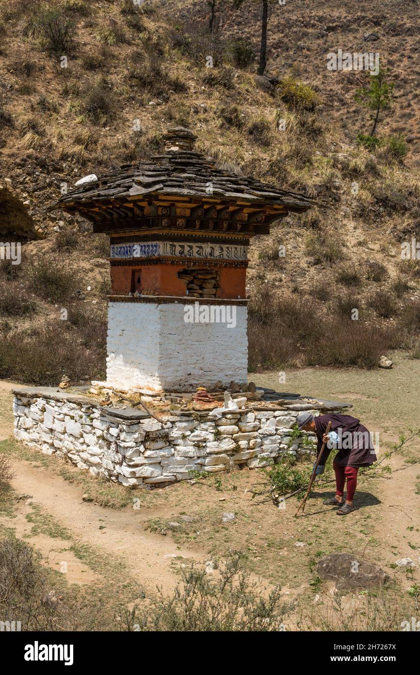 A farmer clears the ground by a red-stripe chorten by the Tamchhog ...