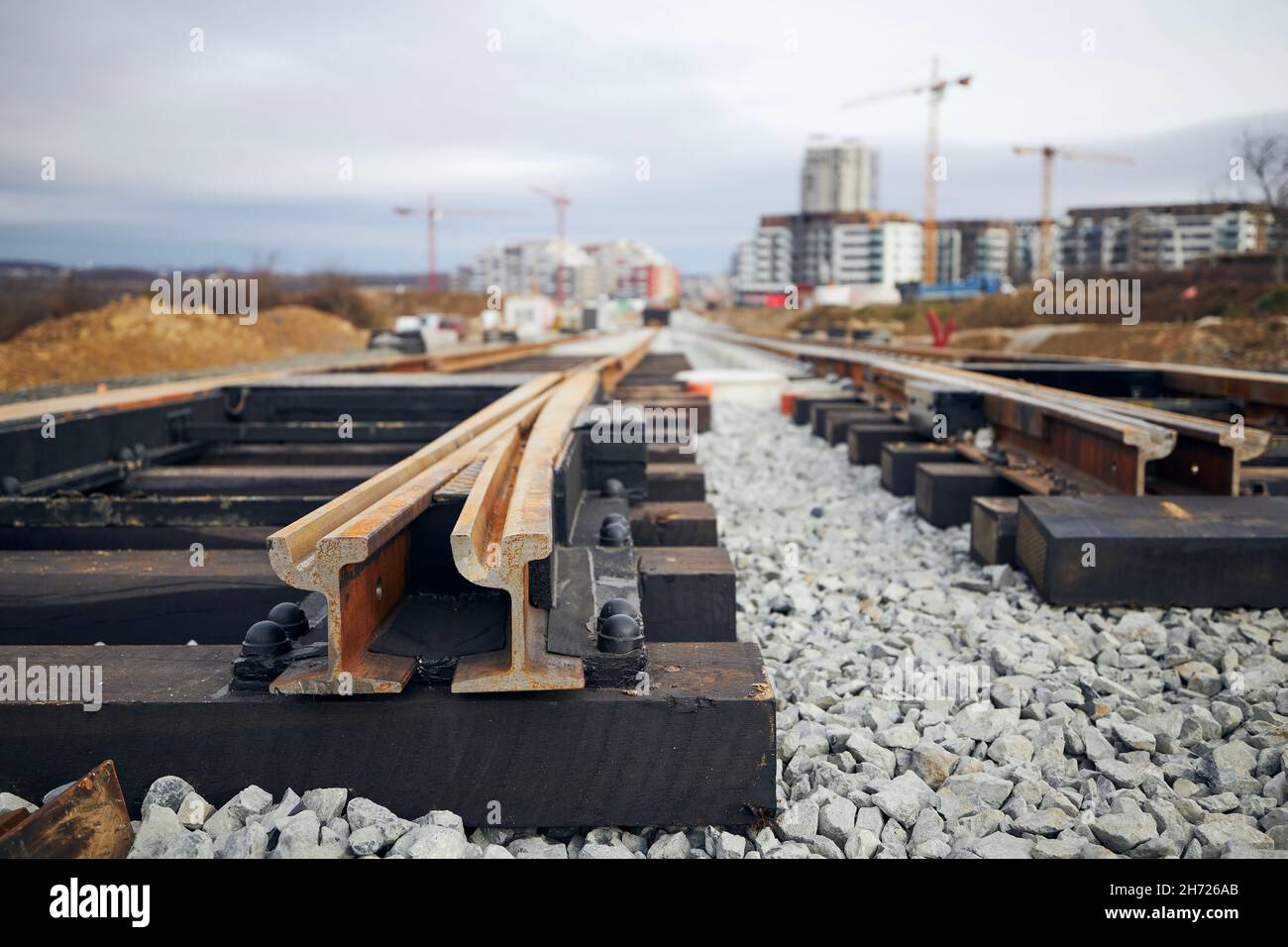 Construction site of railroad track. Building of new tram connection in ...
