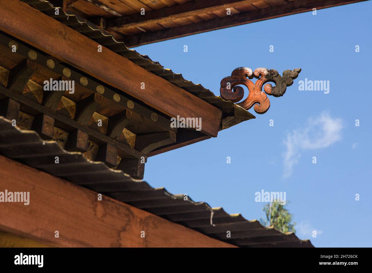 Detail on the roof of the Changangkha Lhakhang Monastery in Thimphu ...