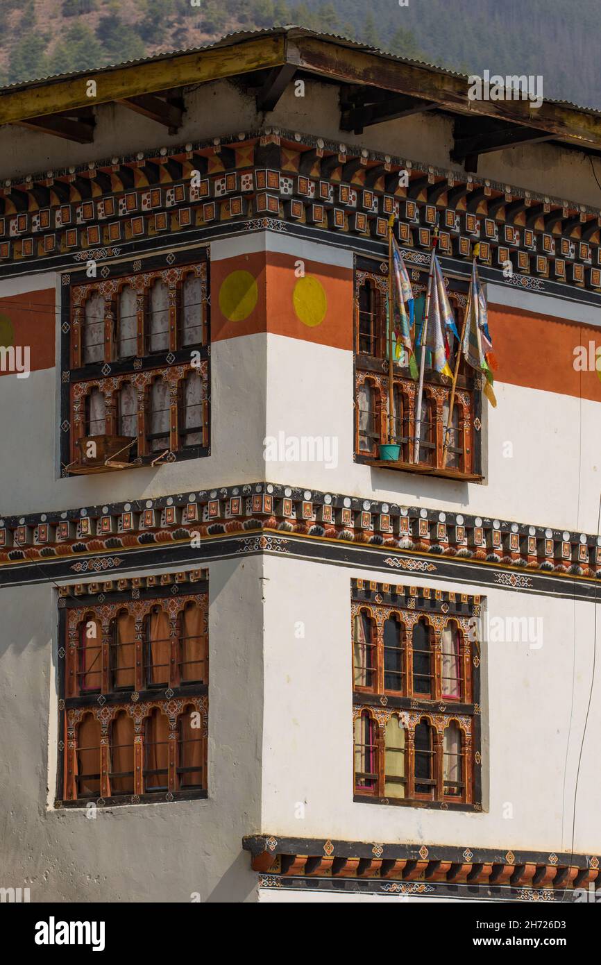 Detail of the Buddhist architecture of the Dechen Phodrang Monastery in ...