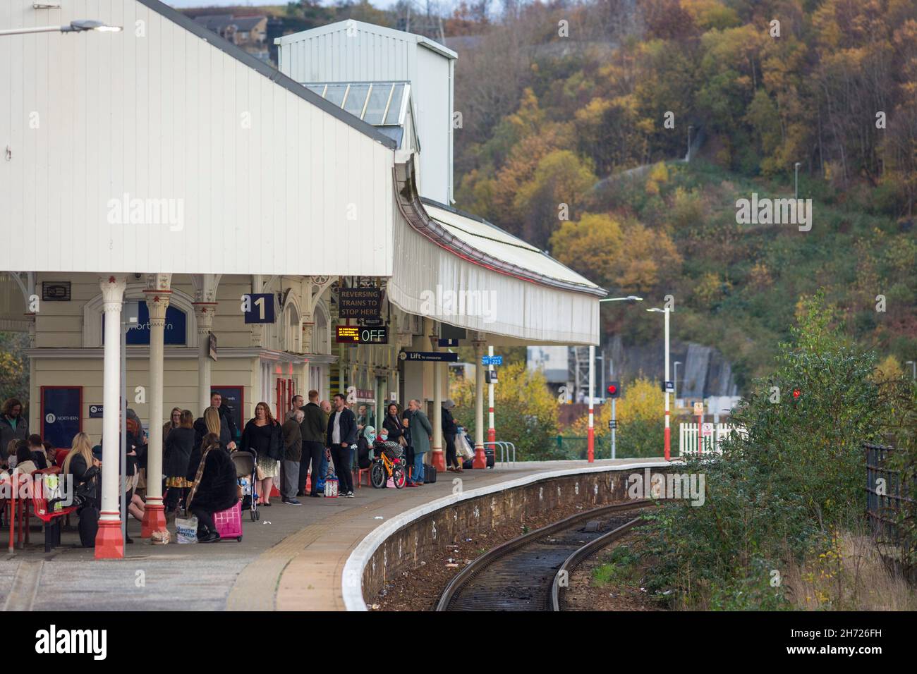 Northern Rail trains pass through the West Yorkshire railway station of ...