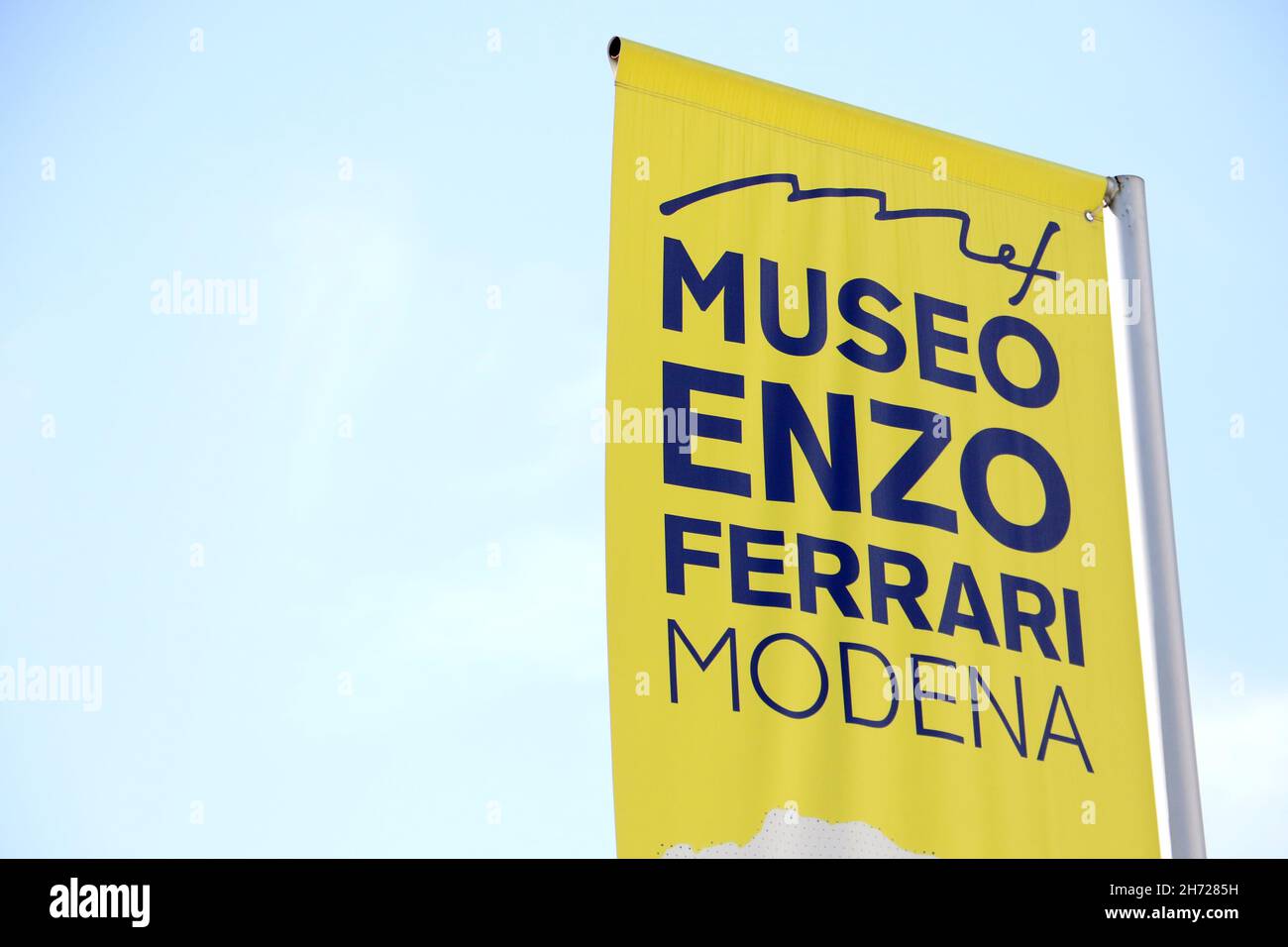 Modena, Italy, April 3, 2019, a yellow banner advertising Museo Enzo ...