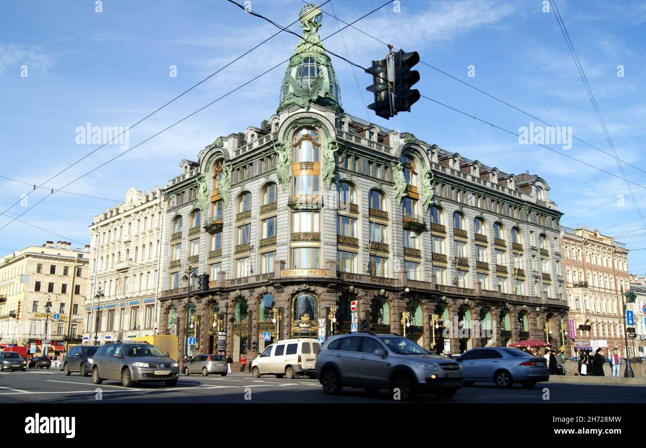 Singer House, built in 1904, frontal view across Nevsky Prospekt, St ...
