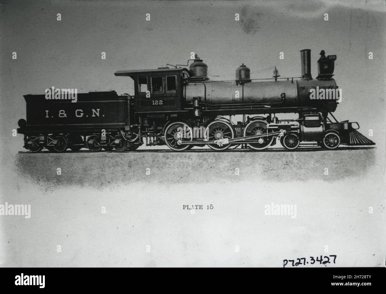 Portrait grayscale of a steamed locomotive in 19th-century railroad ...