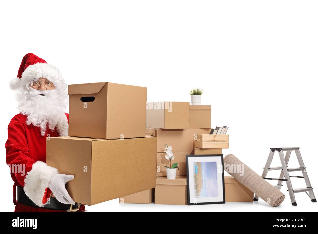 Santa claus with cardboard boxes packing for removal isolated on white ...