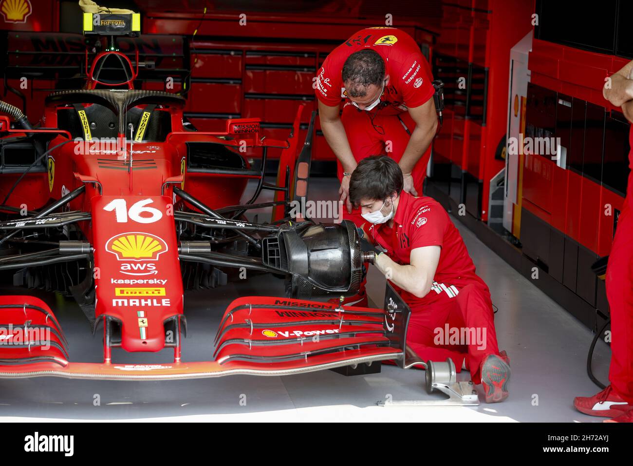 Doha, Qatar. 19th Nov, 2021. 16 LECLERC Charles (mco), Scuderia Ferrari SF21, garage, box ...