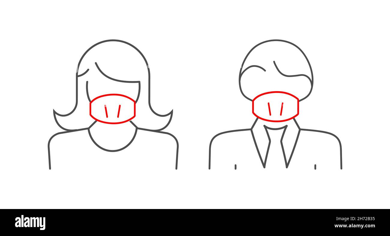 set of linear icons of a man and a woman in a mask or gauze bandage for ...