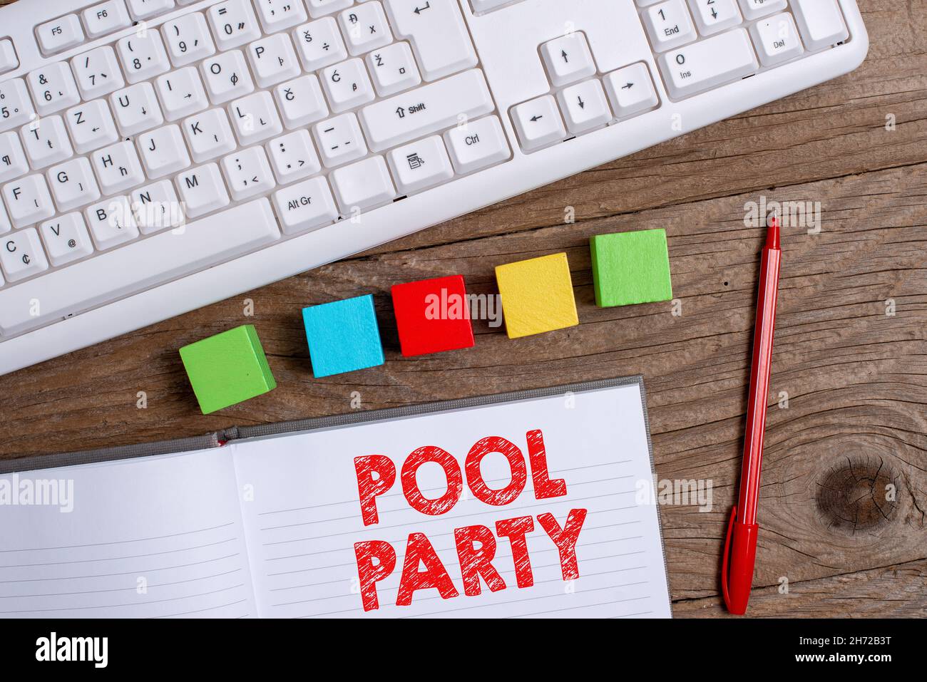 Hand writing sign Pool Party. Word Written on celebration that includes ...