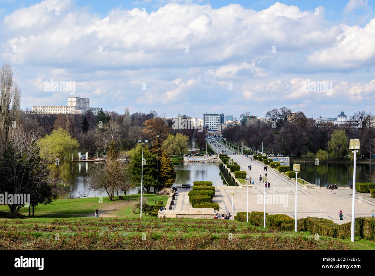 Bucharest, Romania, 20 March 2021:Landscape with the main alley and ...