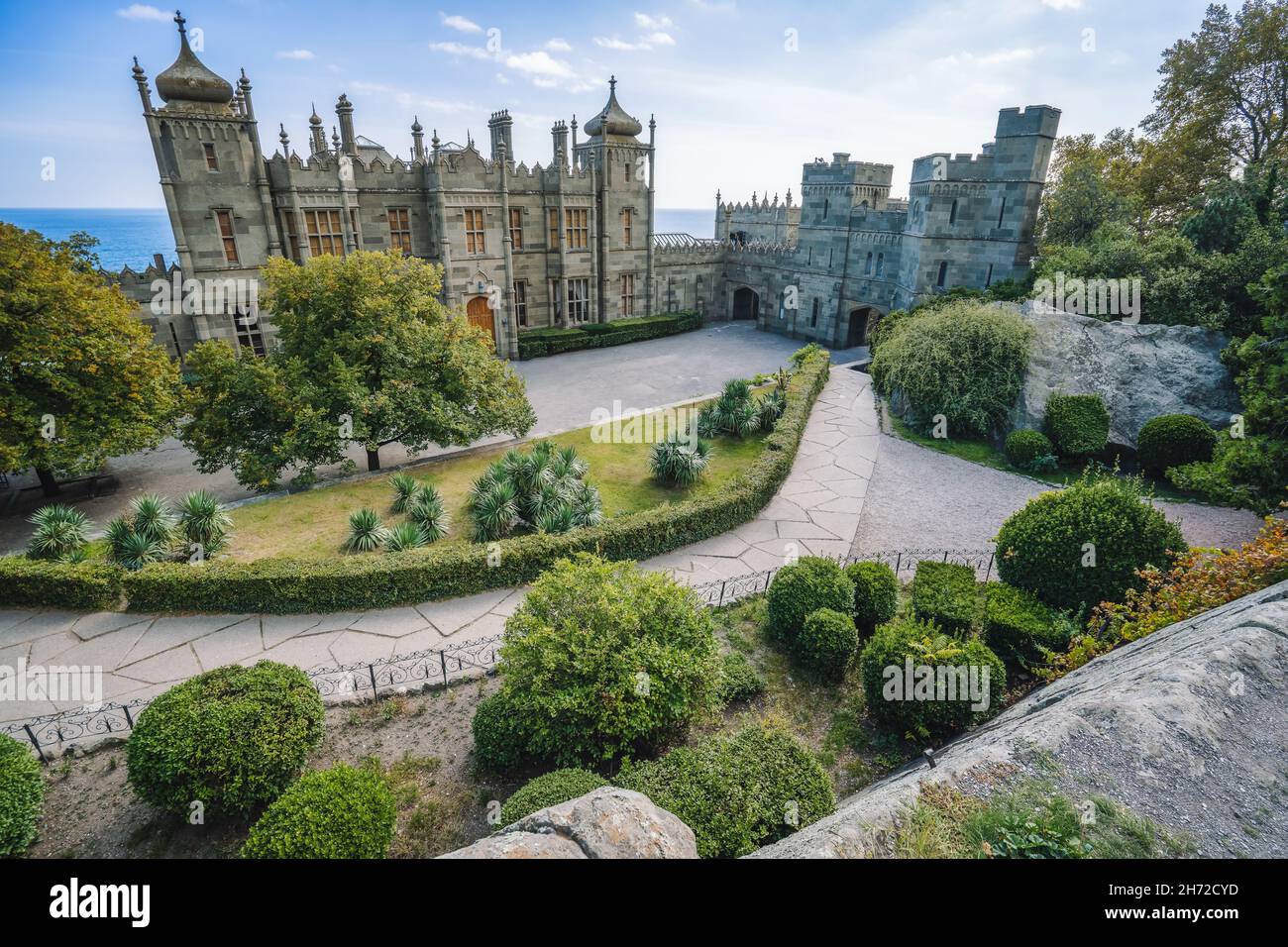 Vorontsov Palace in Alupka, Crimea. Panoramic view of castle with blue ...