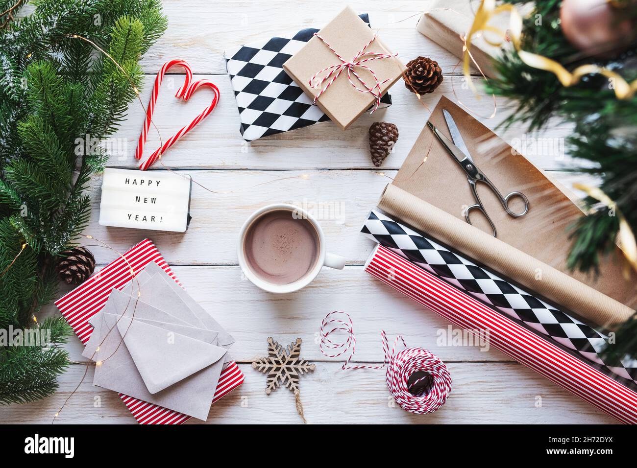 Getting ready for Christmas or New Year holiday. Flat-lay of ...