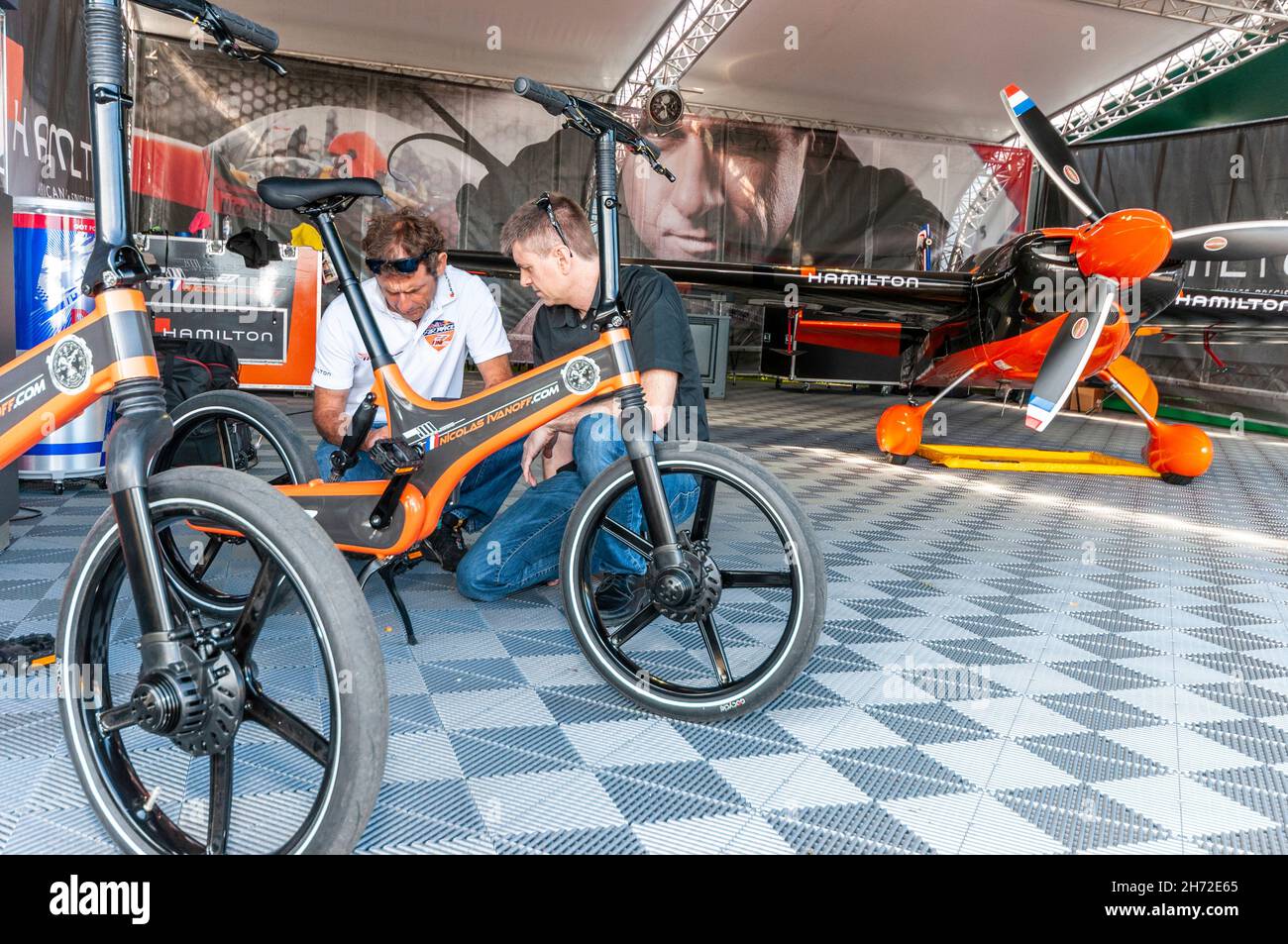 Pilot Nicolas Ivanoff in a temporary hangar at Royal Ascot racecourse ...
