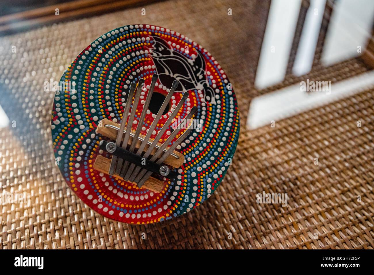 musical instrument kalimba tsantsa under glass. shop window. concept of ...