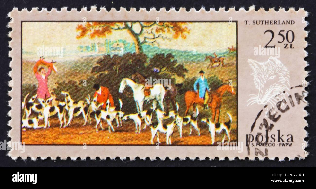 POLAND - CIRCA 1968: a stamp printed in the Poland shows Fox Hunt, by T ...