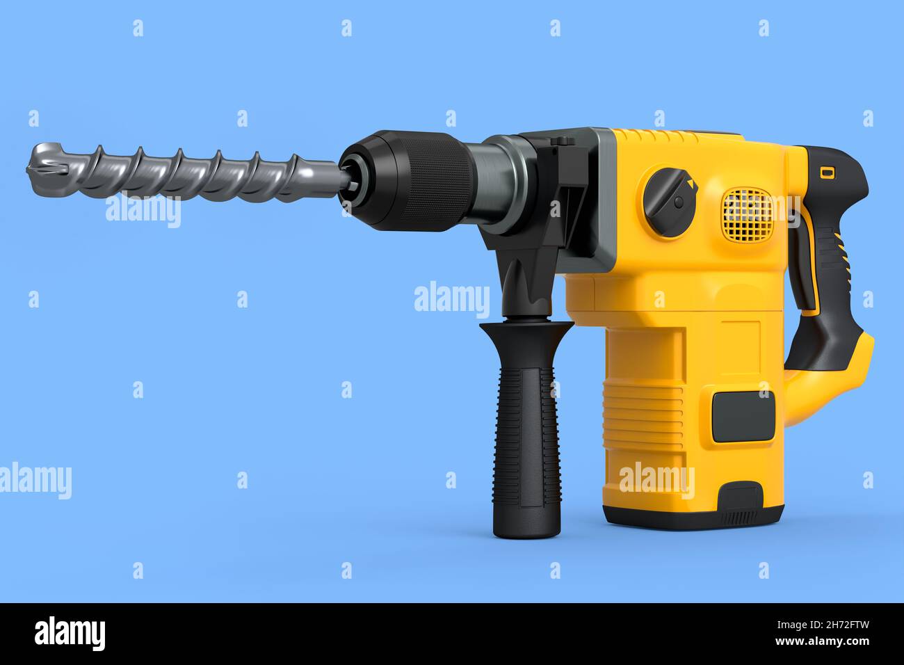 Electric drill with cord and attached metal bit isolated on blue ...