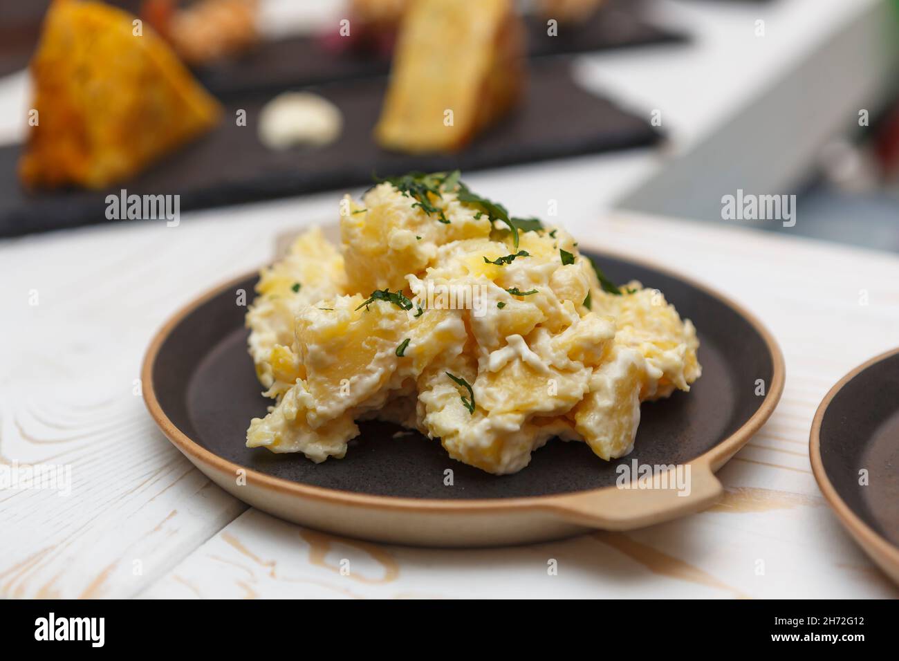 Close up on spanish food tapas on a restaurant table top, no people are ...