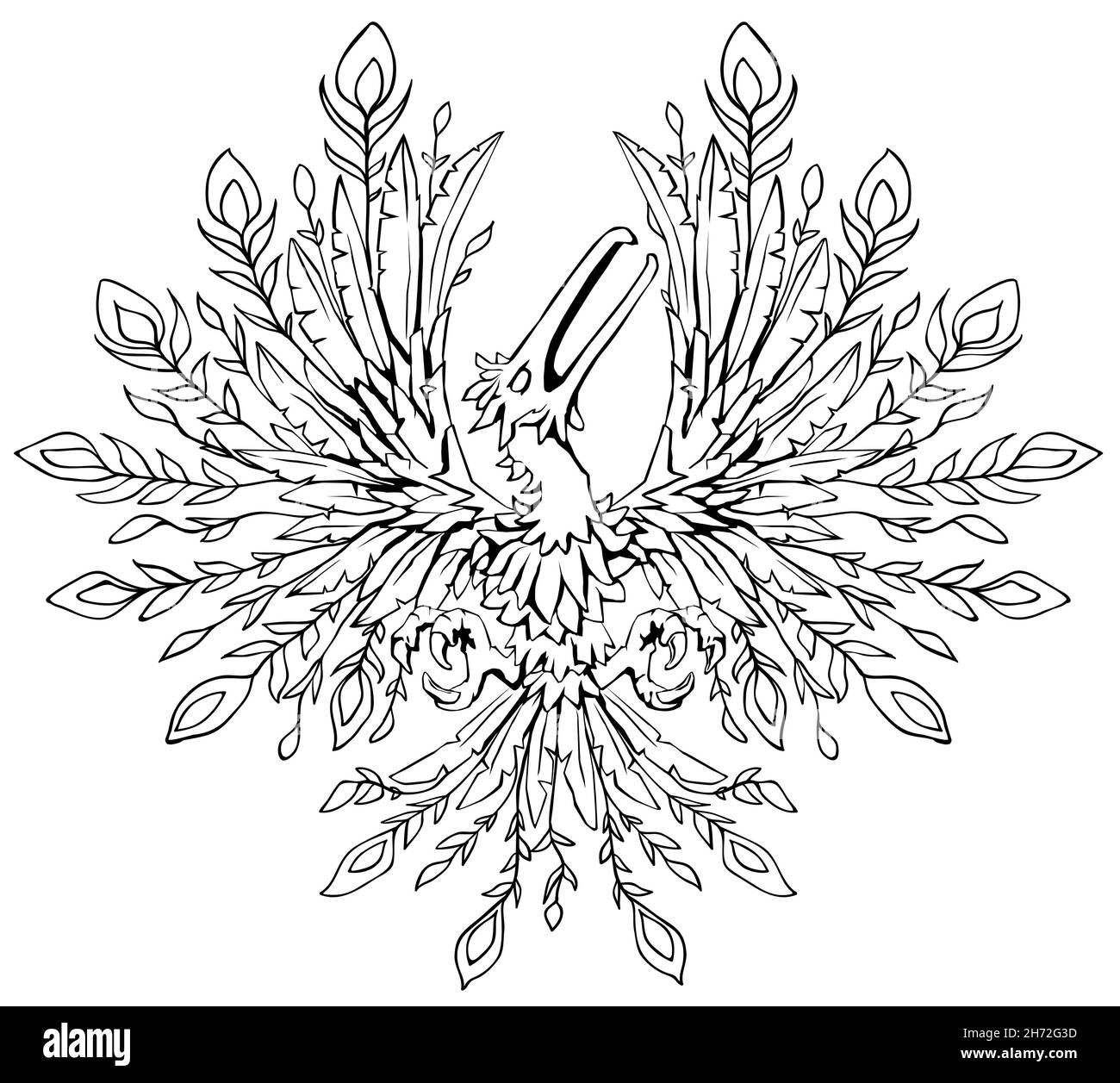 Fantasy Bird Plumage Stencil Line Drawing Black Vector Illustration Horizontal Isolated Stock