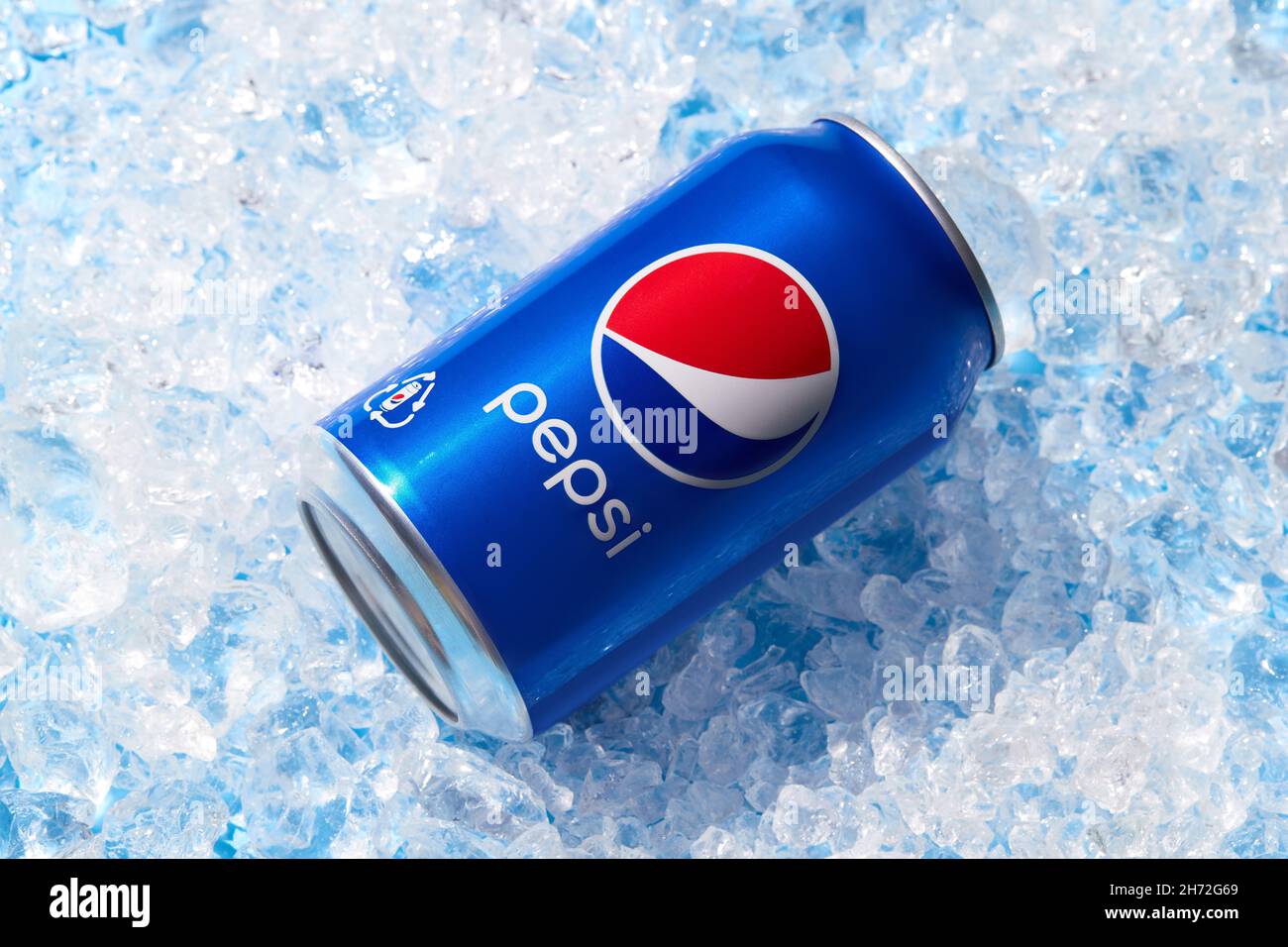 Kyiv, Ukraine - November 13, 2021. Pepsi can in crushed ice. Soft drink ...