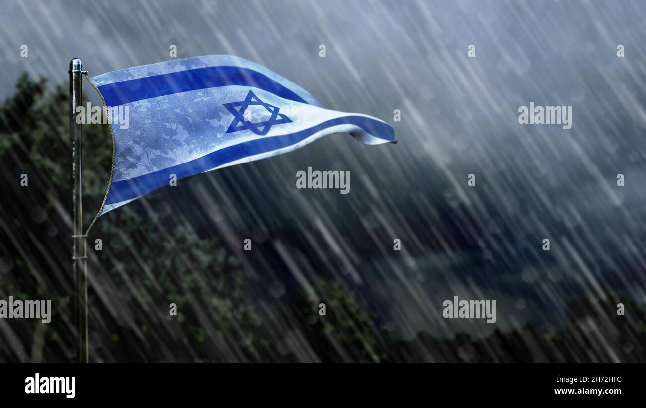 flag of Israel with rain and dark clouds, twister forecast symbol ...
