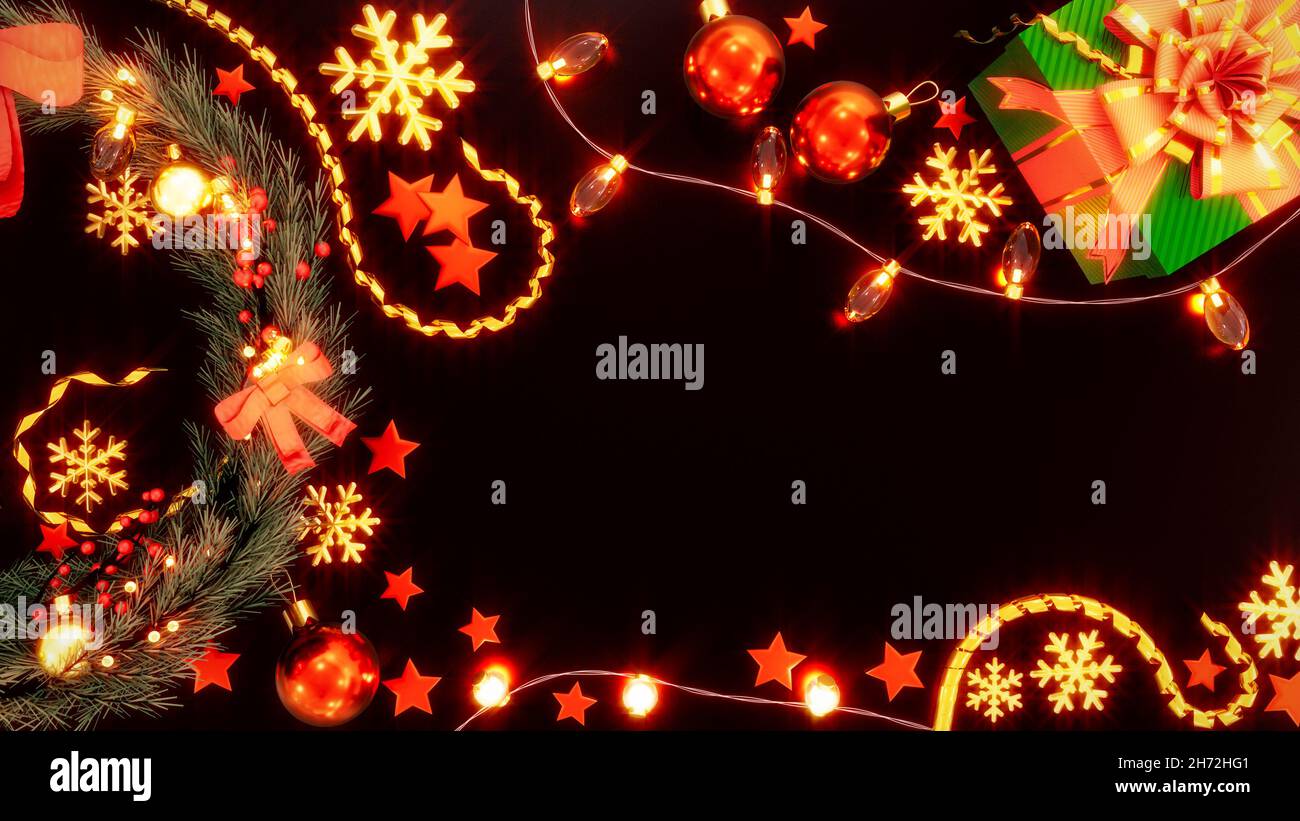 dark new year bg with surprise gift box and garlands - abstract 3D ...