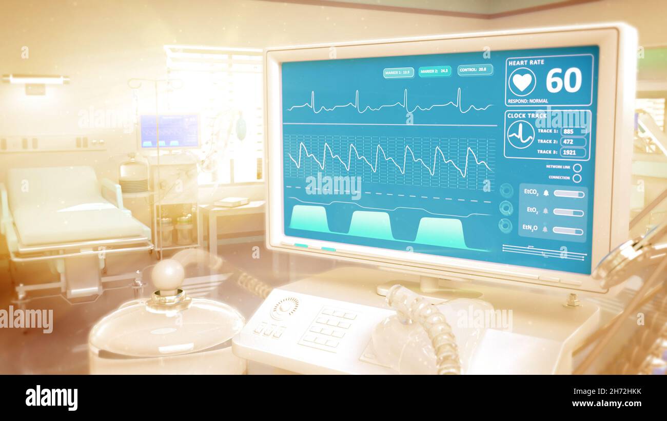 lungs ventilator in bright sunny hospital room . concept industrial 3D ...