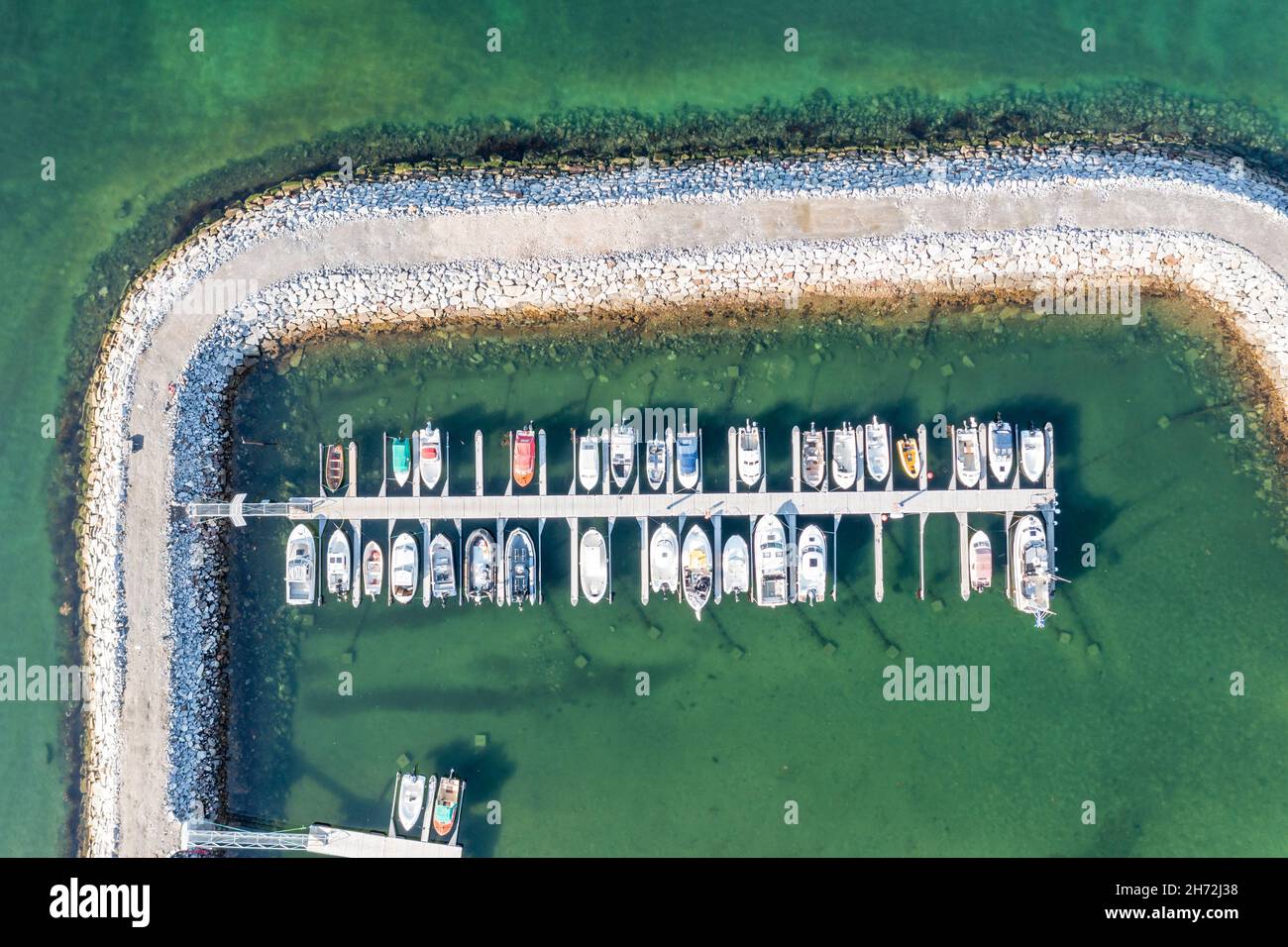 Aerial view of the Marina at village Skaland, Senja island, Norway ...