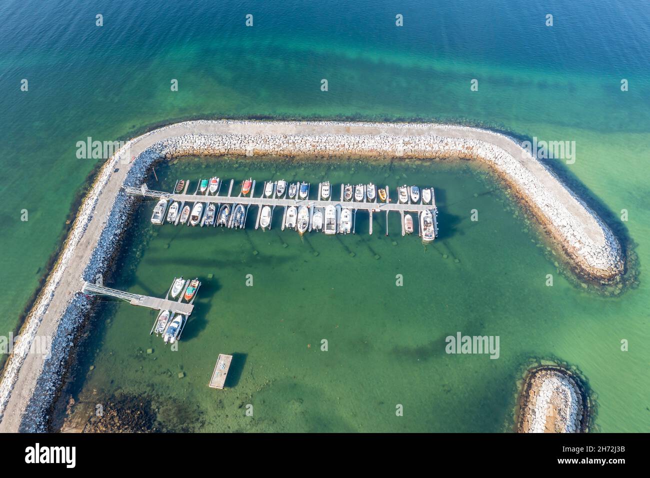 Aerial view of the Marina at village Skaland, Senja island, Norway ...