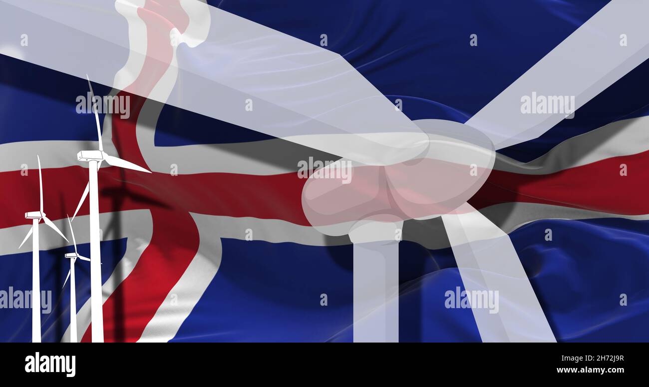 Wind turbines on background of Iceland flag. sustainable development ...