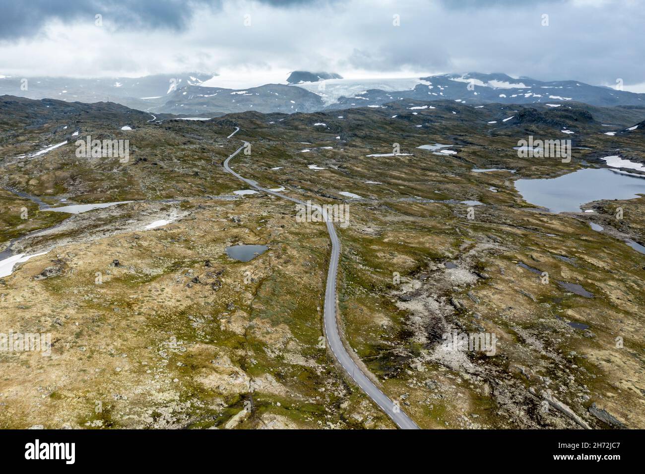 Aerial view of the Sognefjell road, mountain road along Jotunheimen ...