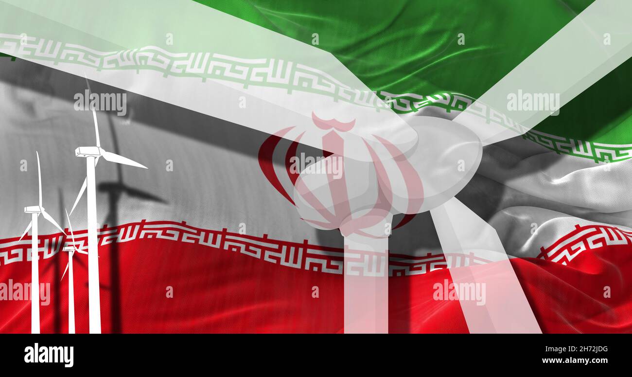Wind turbines on background of Iran flag. sustainable development ...