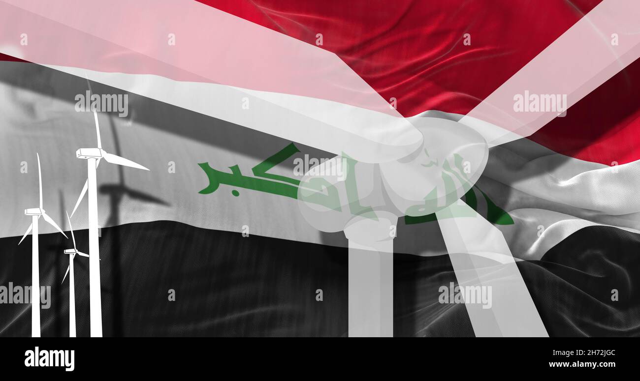 Wind turbines on background of Iraq flag. sustainable development ...