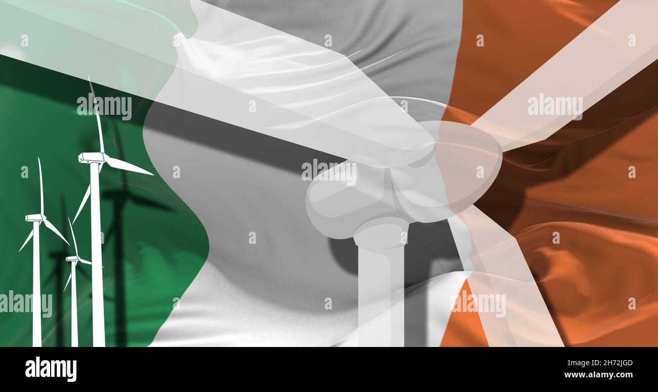 Wind turbines on background of Ireland flag. sustainable development ...