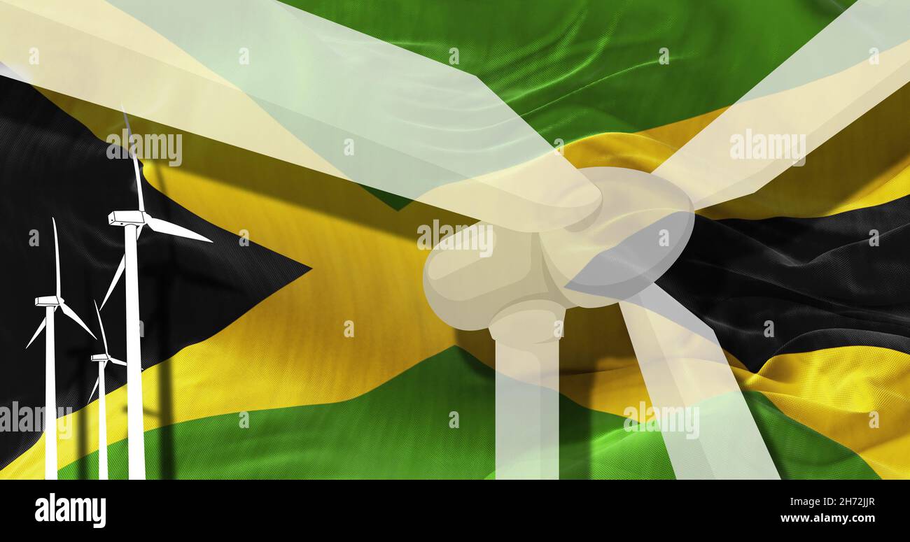 Wind turbines on background of Jamaica flag. sustainable development ...