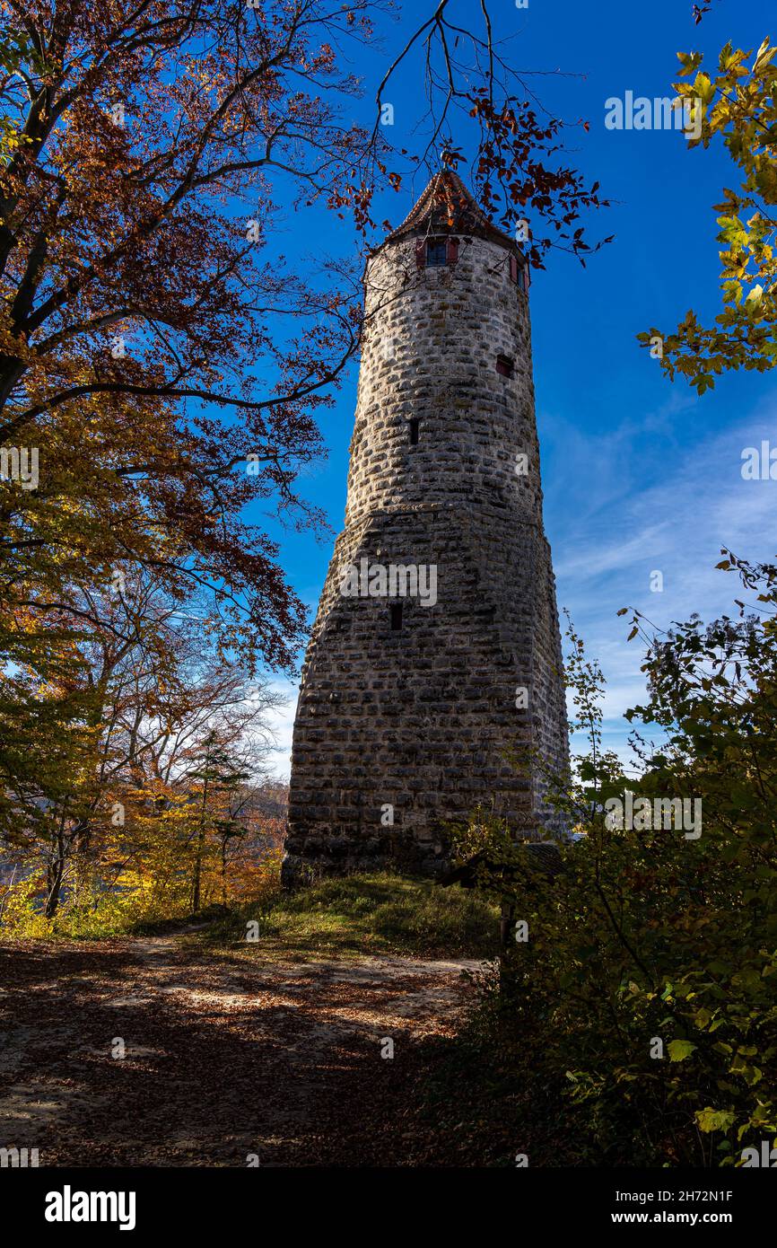 Old watchtower on a hill in the middle of the autumn forest Stock Photo ...