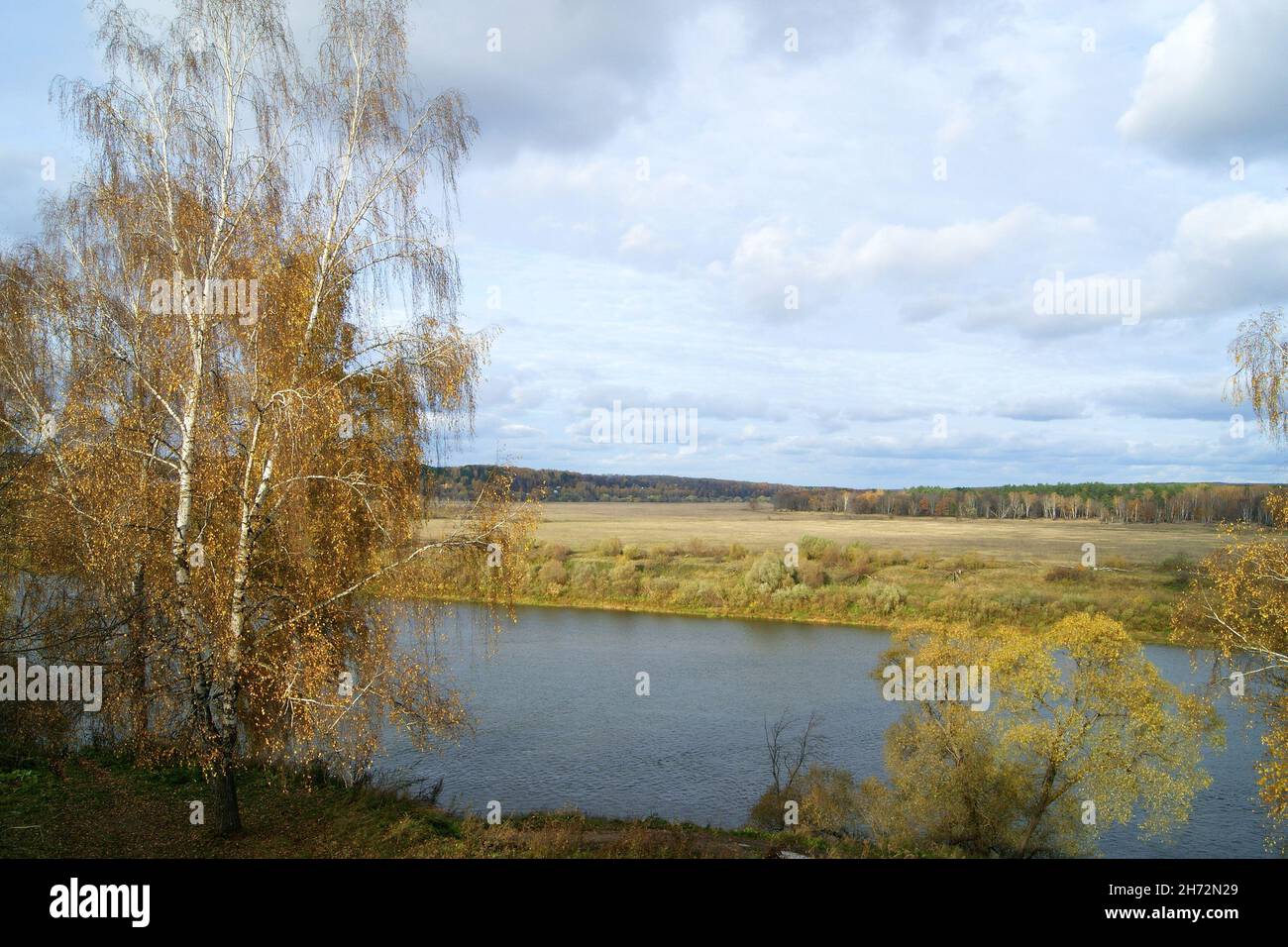 Autumn landscape with the Oka River bend, view at sunset from ...