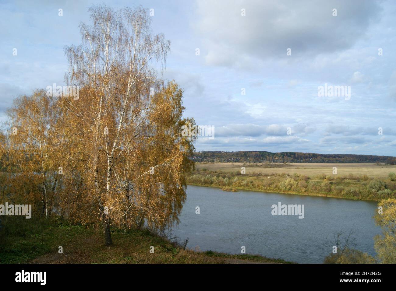Autumn landscape with the Oka River bend, view at sunset from ...