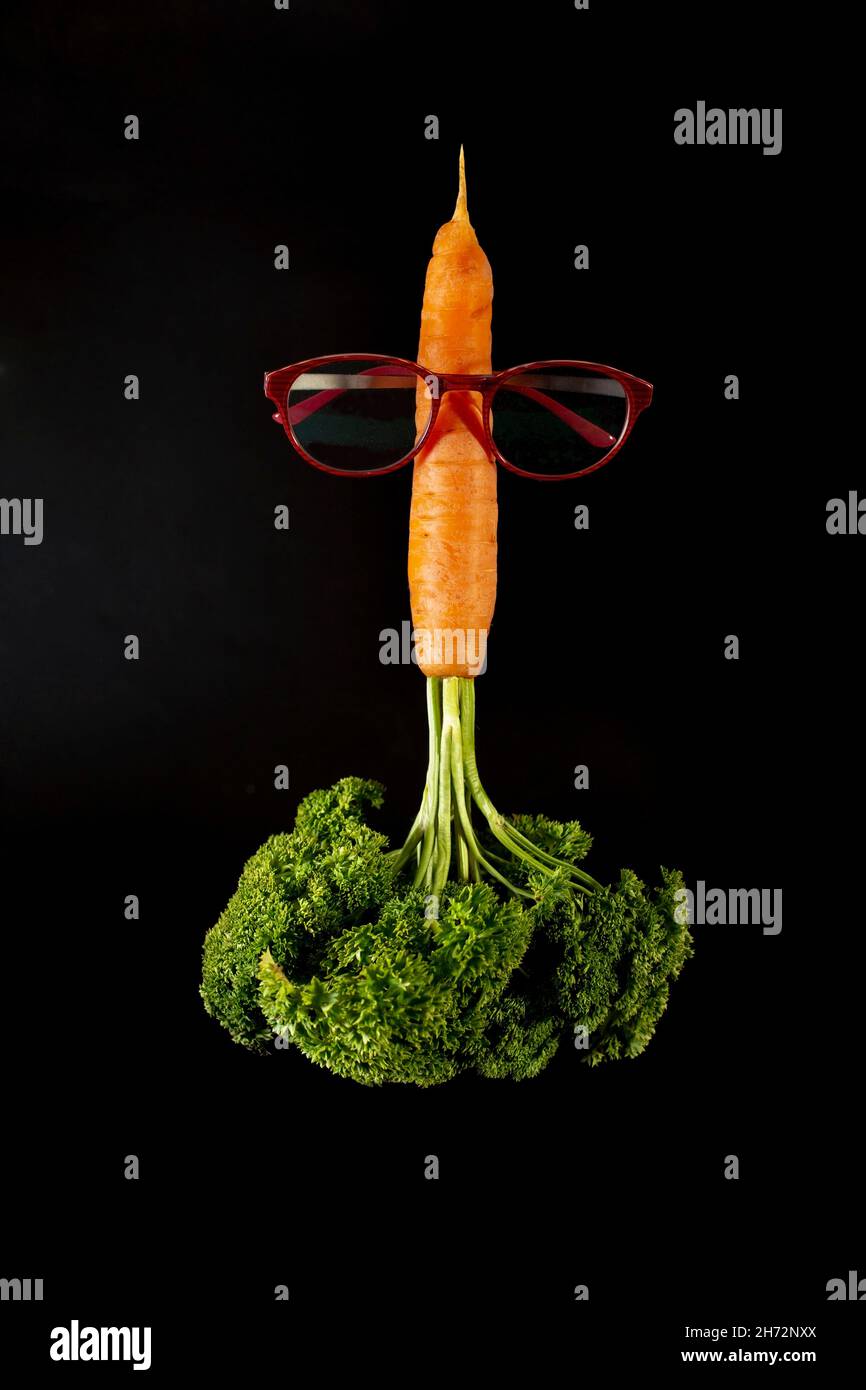 Carrot looking like a rocket with eye glasses and parsley flames ...