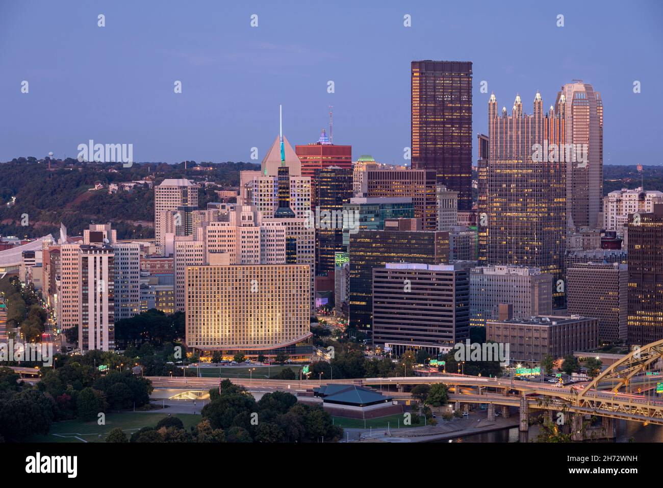 Cityscape of Pittsburgh and Evening Light. Fort Pitt Bridge in the ...