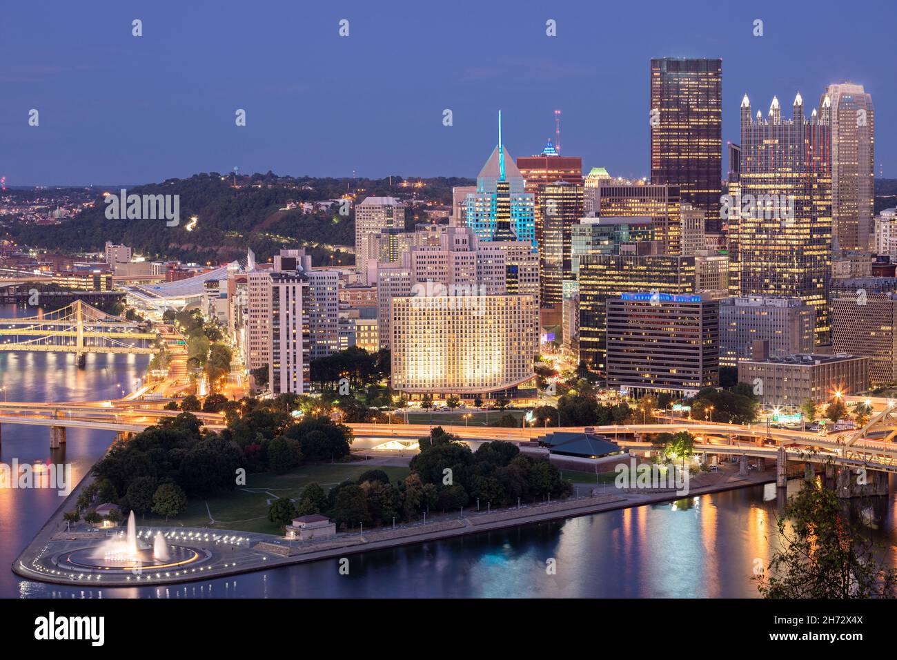 Cityscape of Pittsburgh and Evening Light. Fort Pitt Bridge in the ...