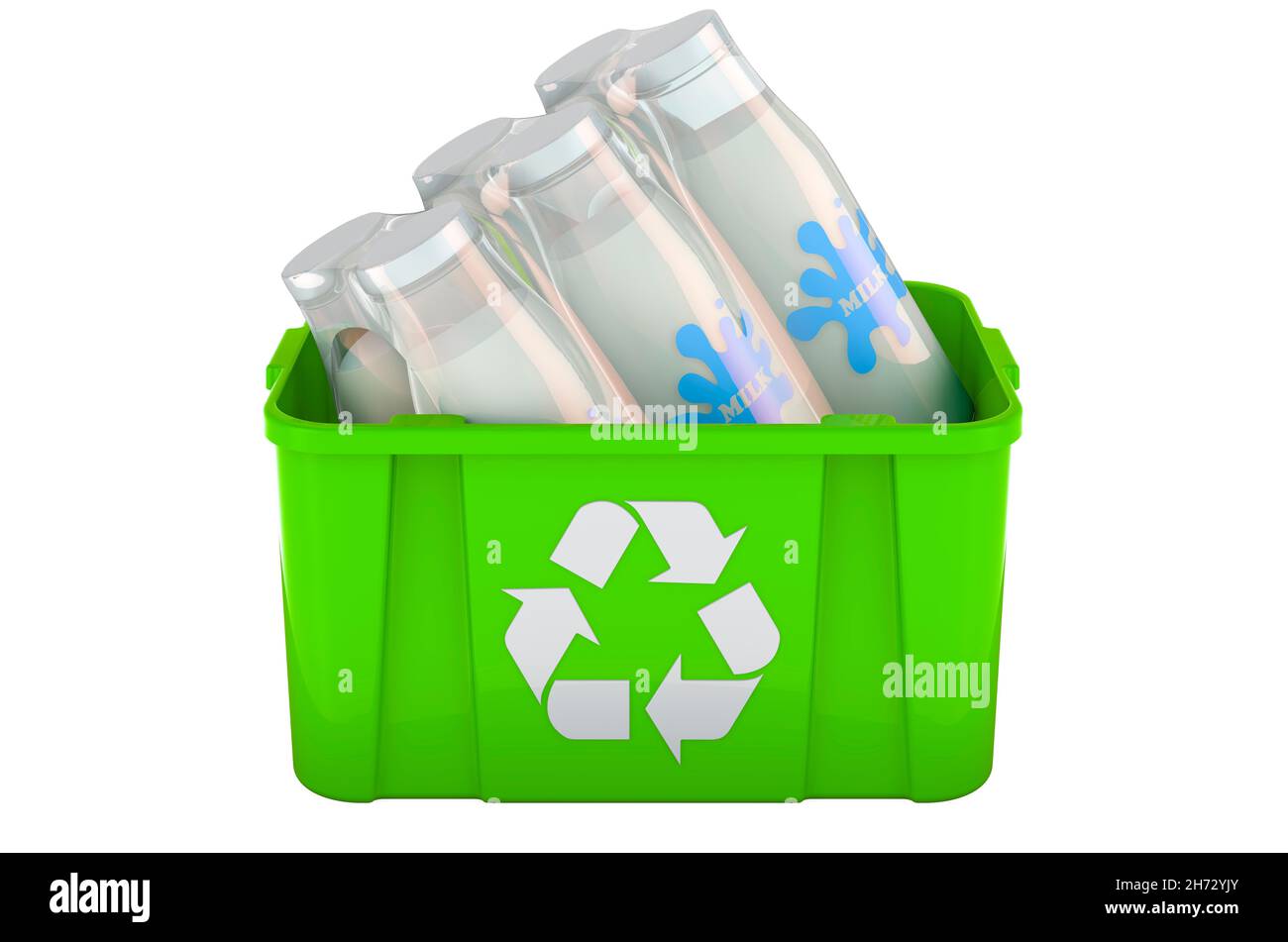 Recycling trash can with milk bottles. 3D rendering isolated on white ...