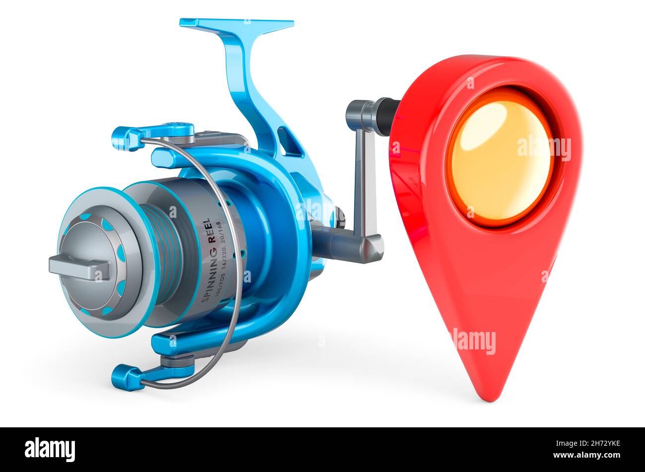 Spinning reel with map pointer. 3D rendering isolated on white ...