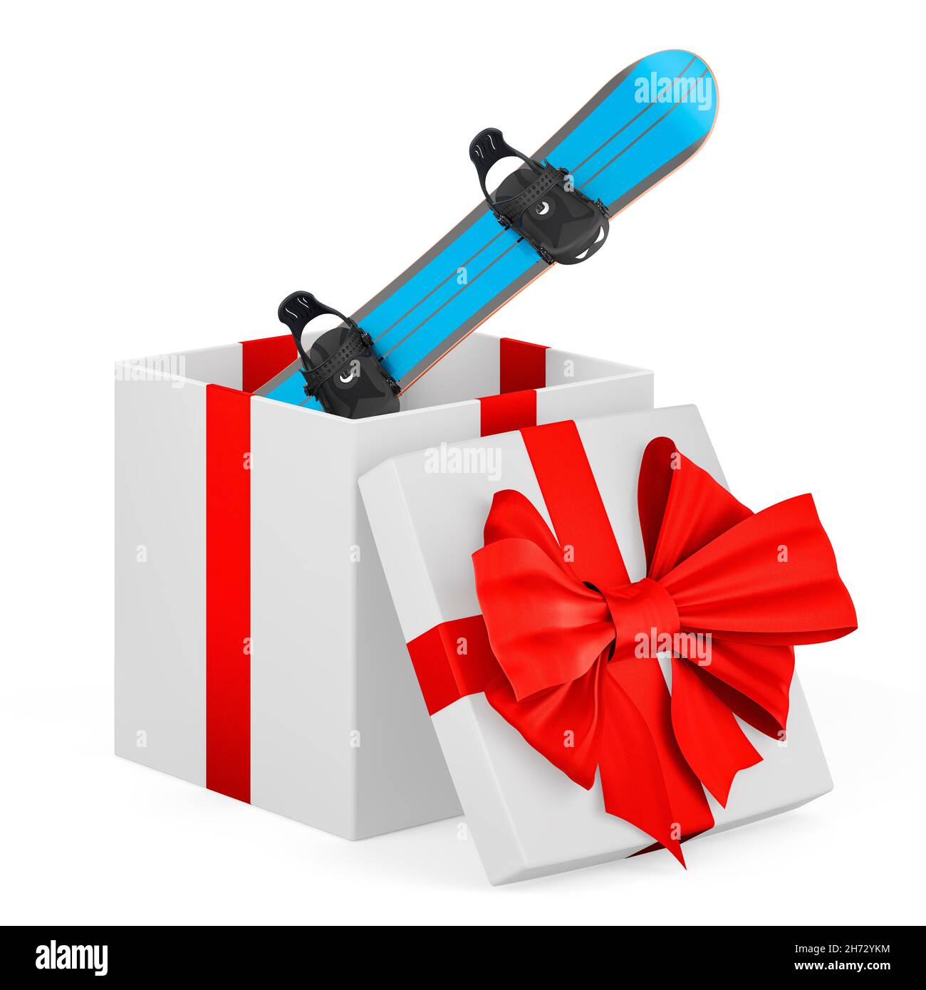 Snowboard with strap-in bindings inside gift box, present concept. 3D ...